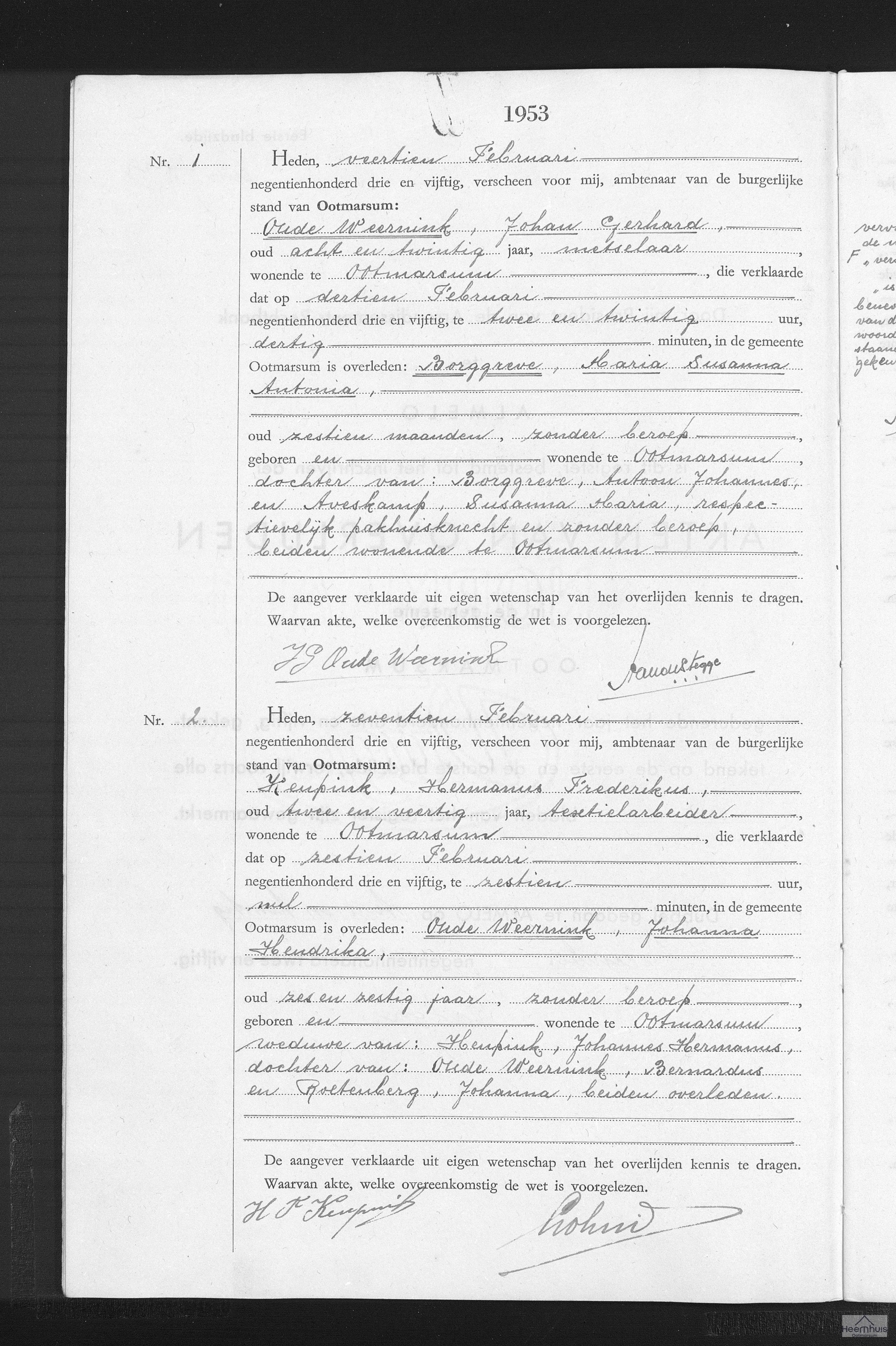 Overlijdensakte Johanna Hendrika Oude Weernink († 16 februari 1953)