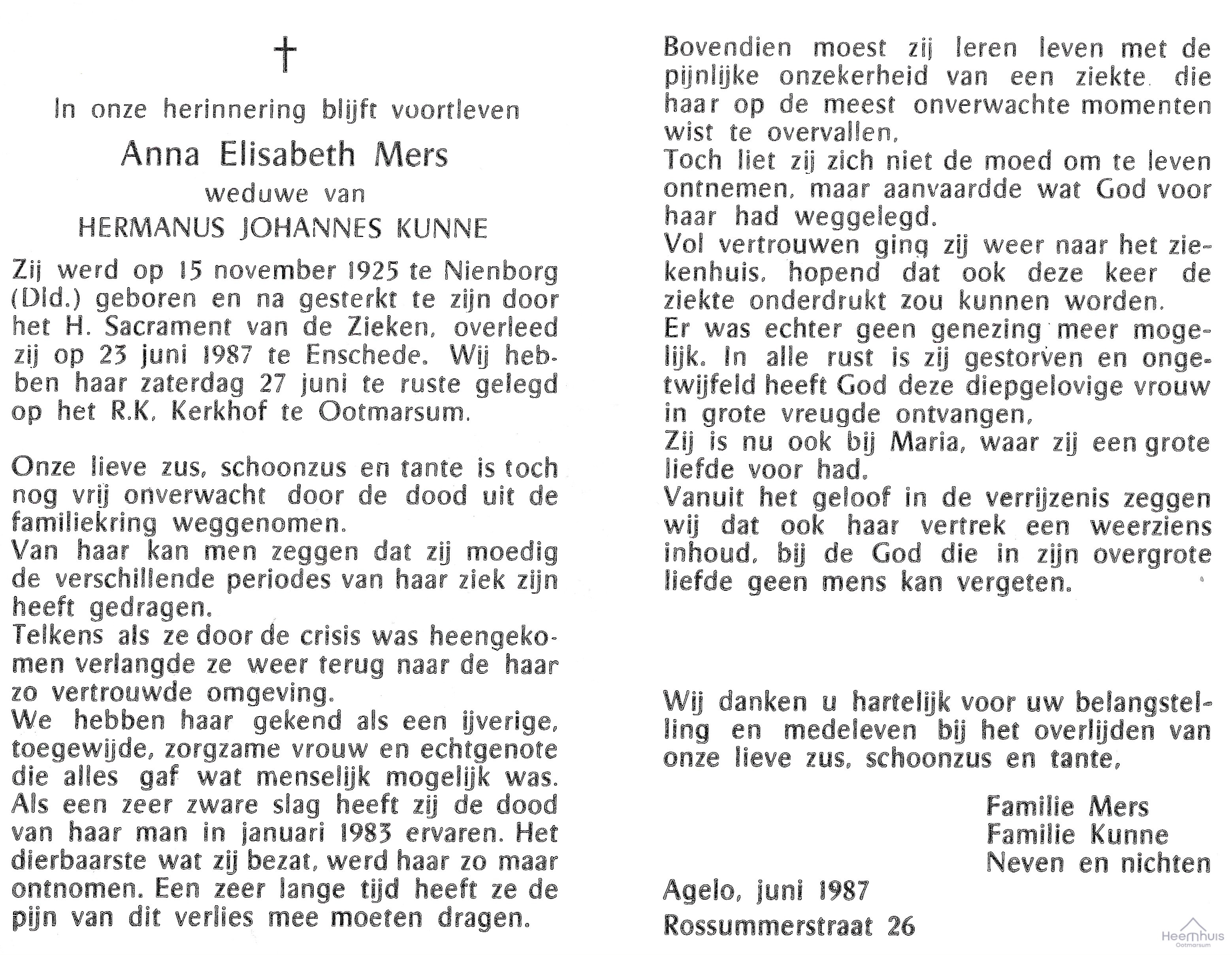 Bidprentje Anna Elisabeth Mers (★ 15 november 1925, † 23 juni 1987)