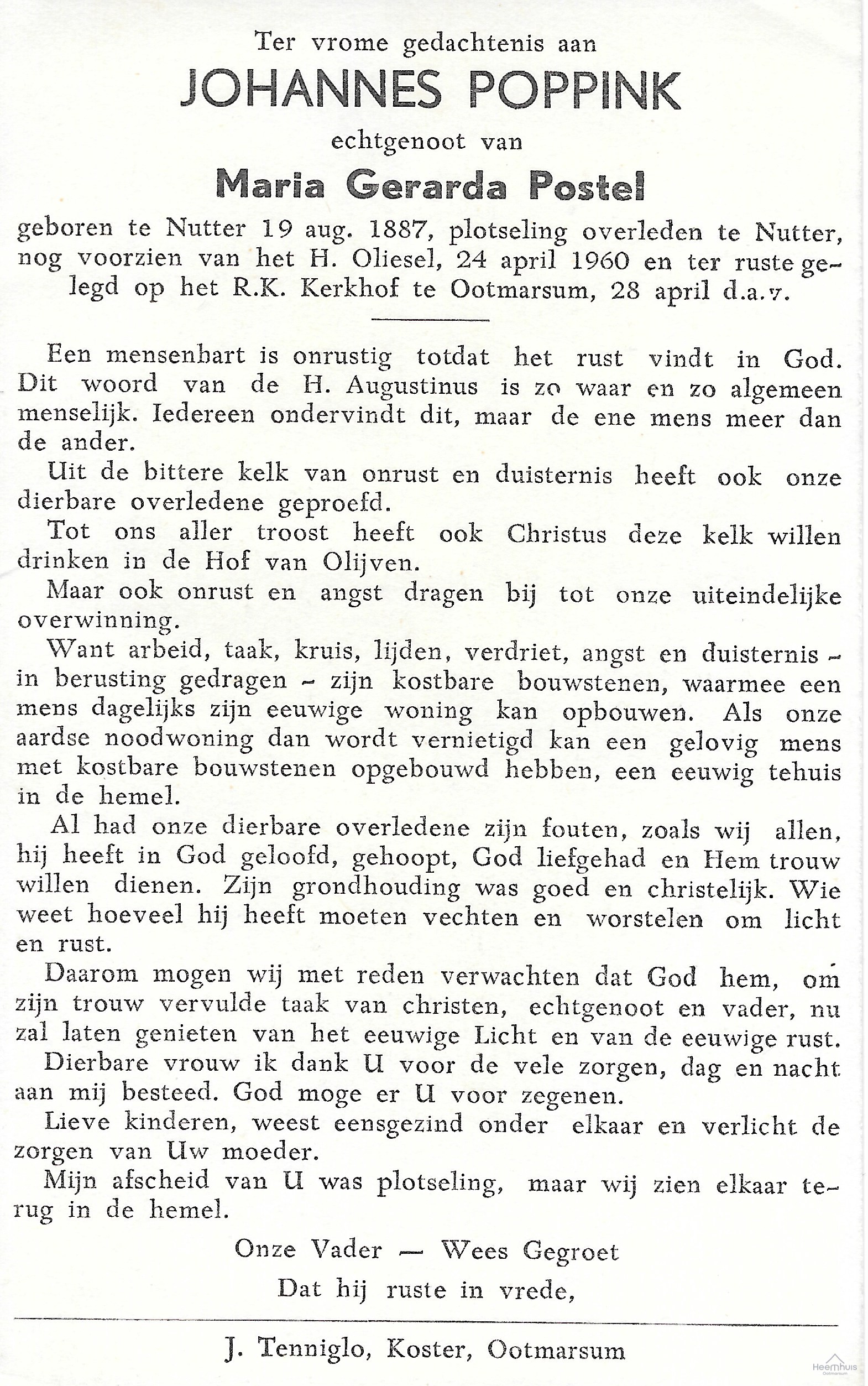 Bidprentje Johannes Poppink (★ 19 augustus 1887, † 24 april 1960)