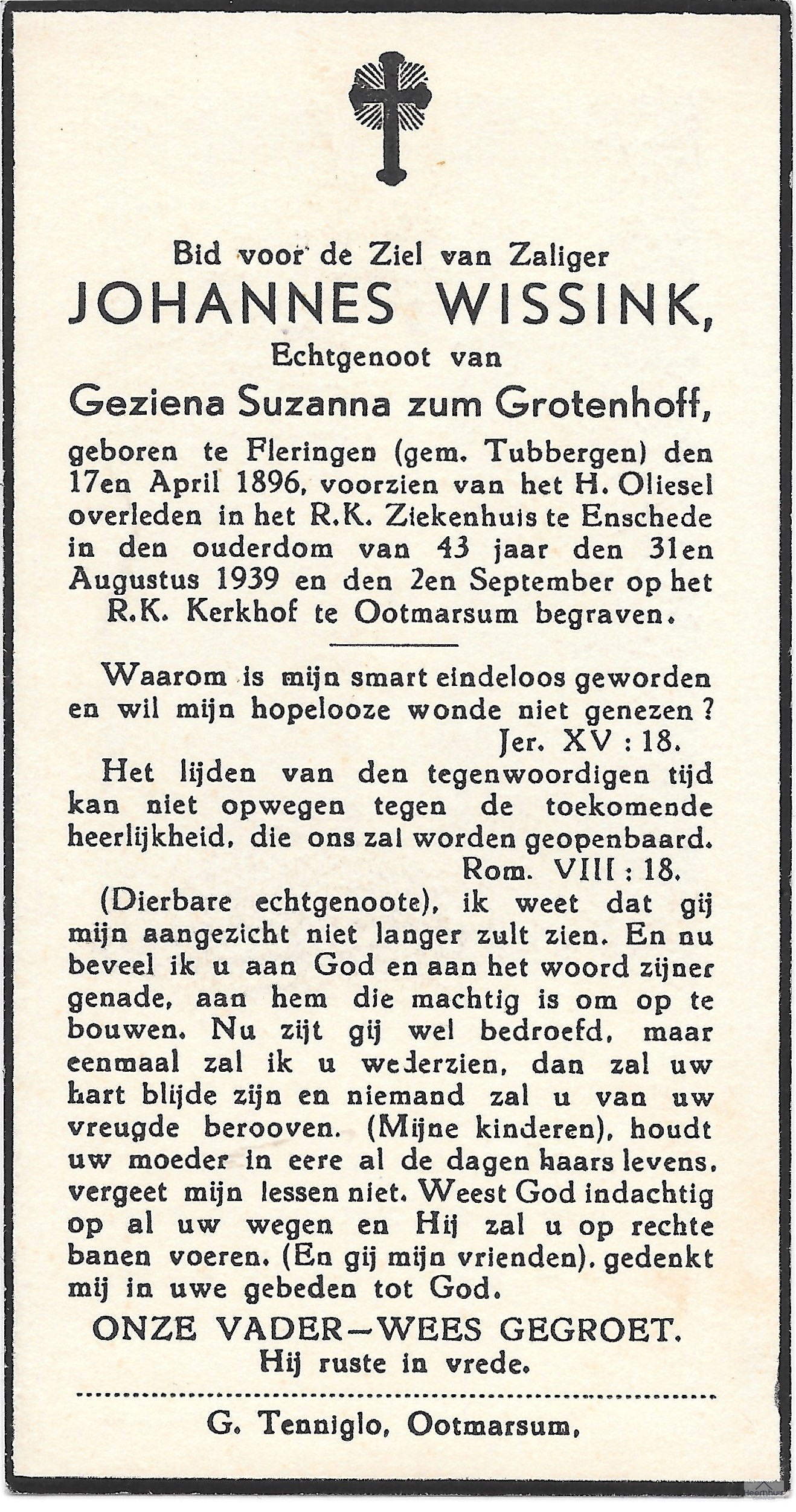 Bidprentje Johannes Wissink (★ 17 april 1896, † 31 augustus 1939)