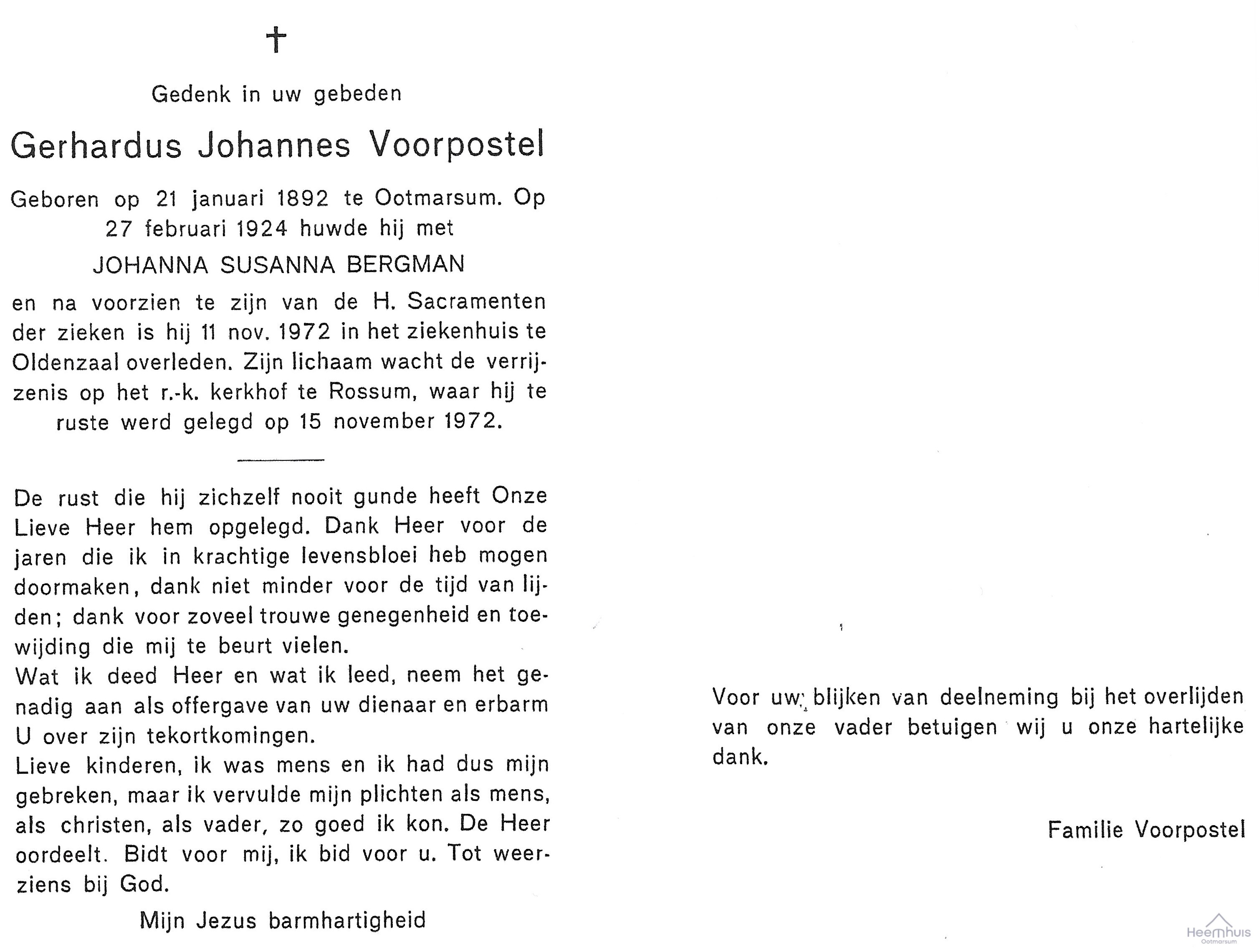 Bidprentje Gerhardus Johannes Voorpostel (★ 21 januari 1892, † 11 ...