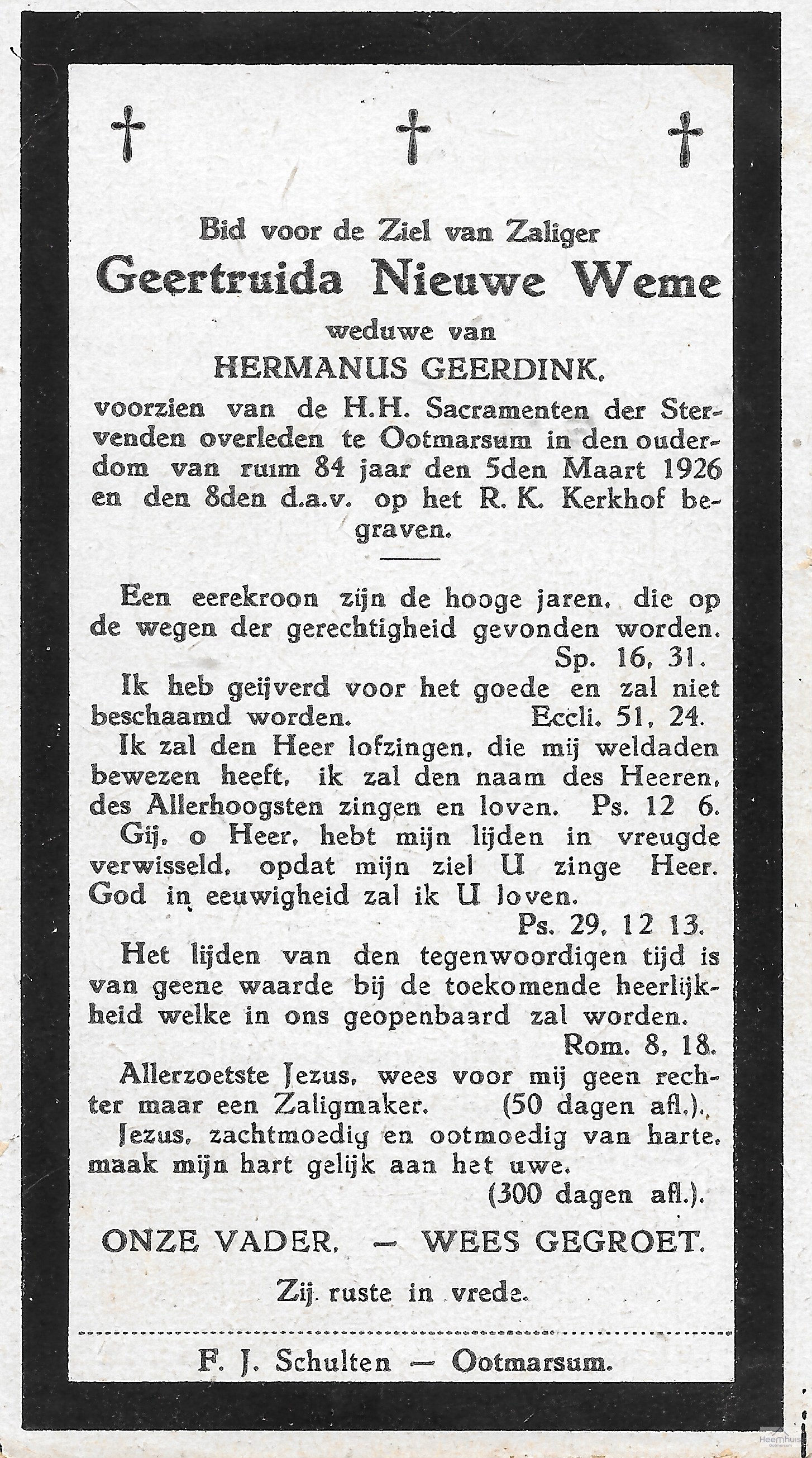 Bidprentje Geertruida Nieuweweme (★ 15 juli 1841, † 5 maart 1926)