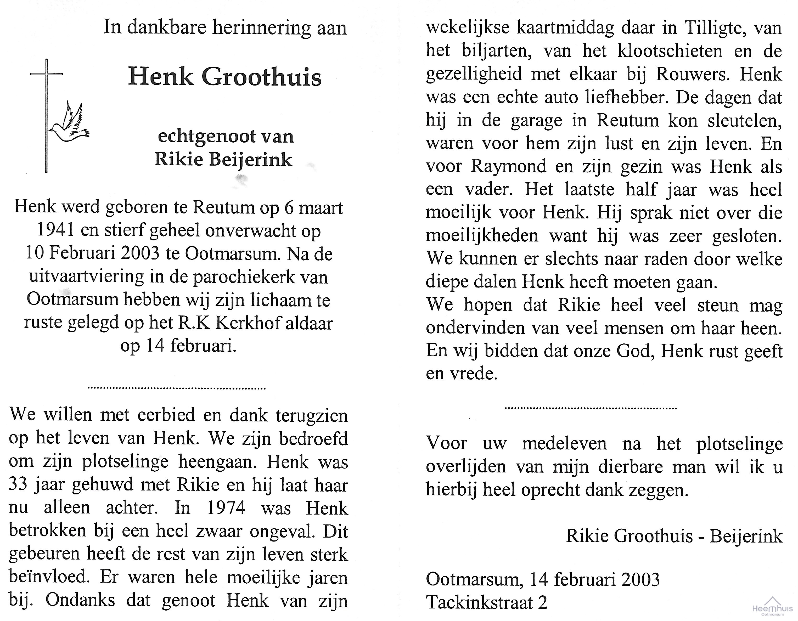Bidprentje Henk Groothuis (★ 6 maart 1941, † 10 februari 2003)